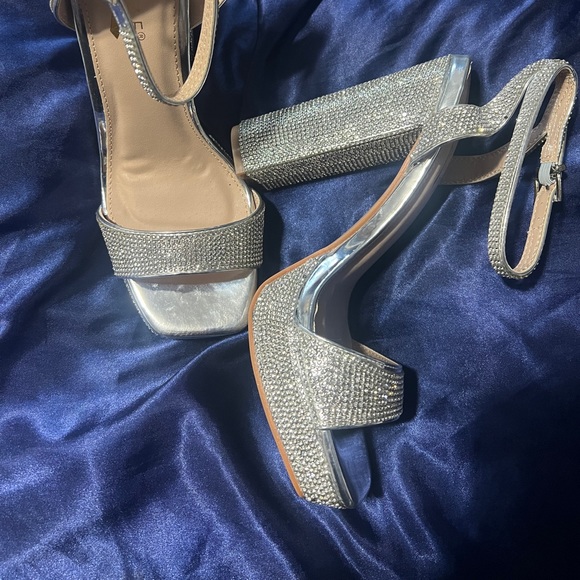 Shoes | Silver Platform Dress Sandals With Rhinestones New | Poshmark